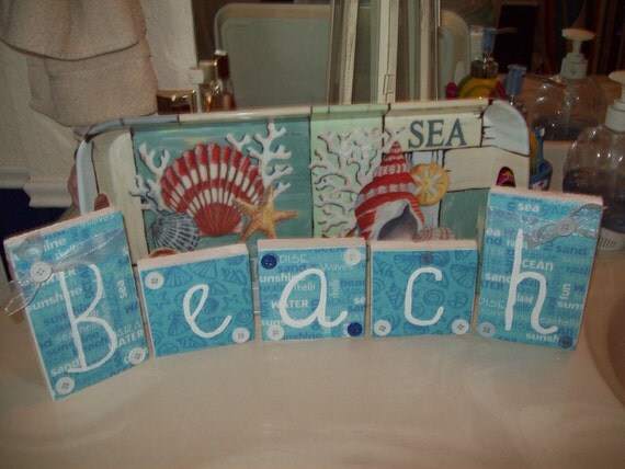 Items similar to Beach decor...Embellished decorative beach blocks on Etsy