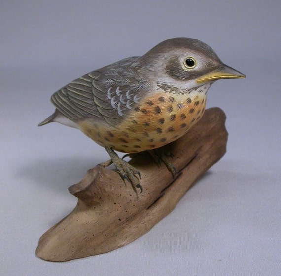 Baby American Robin Original Wood Carving