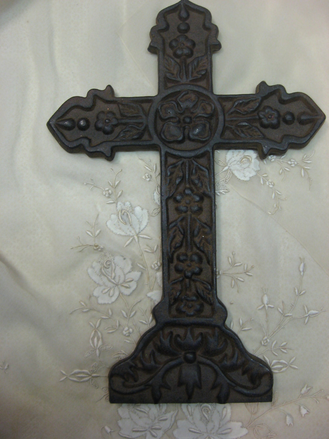 CROSS Cast iron Ornate Holy Cross Raised design floral leaves
