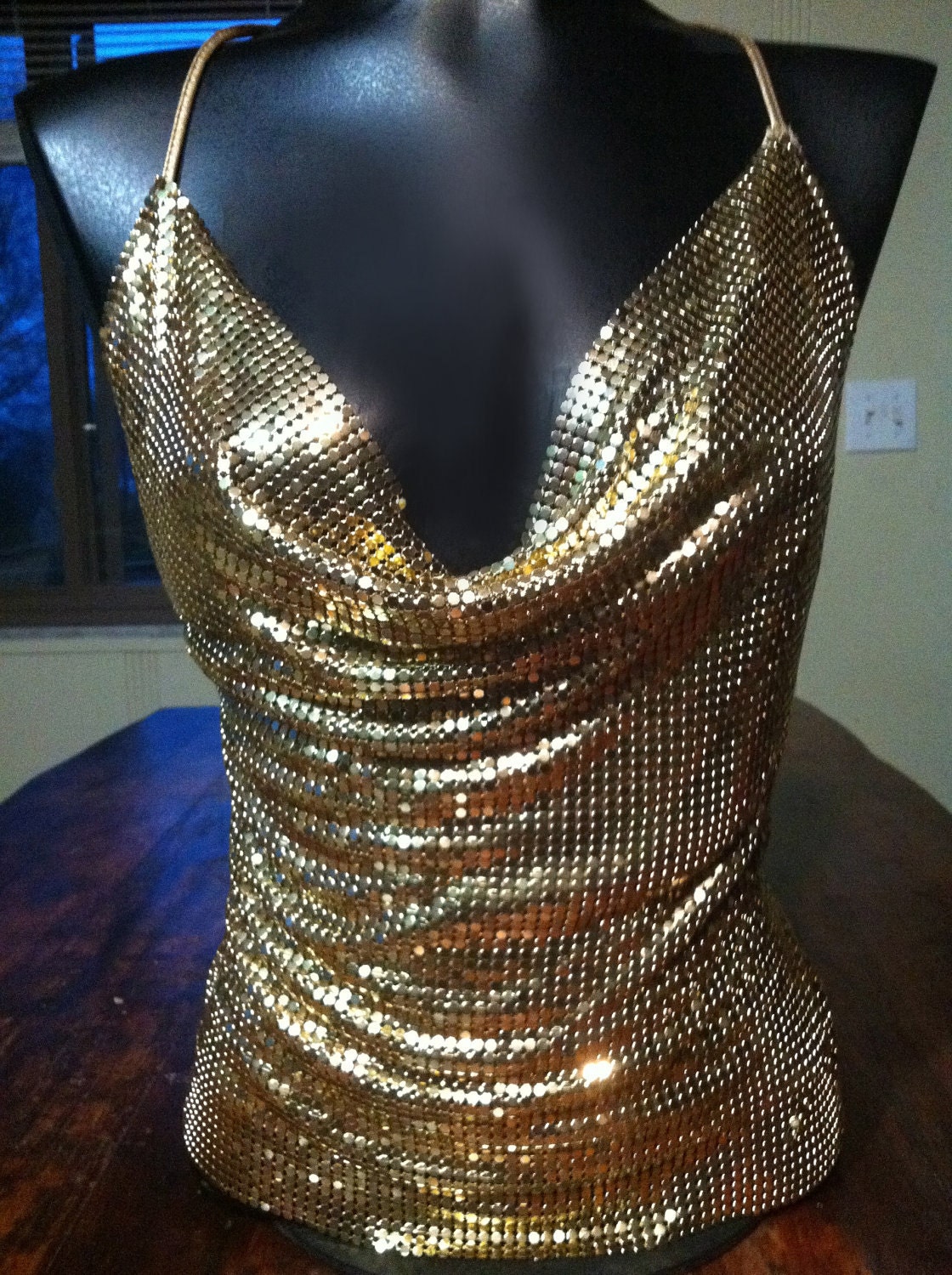 Designer sexy gold metal mesh open back halter top by