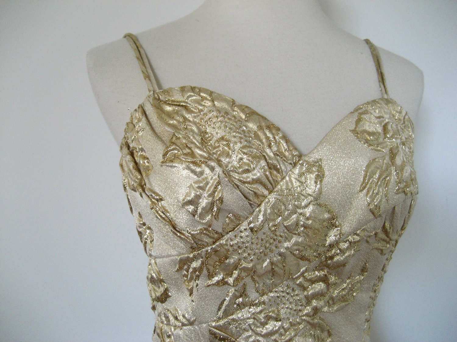 Evening Gown / 1960s Gold Floral Brocade Cocktail Dress / Full