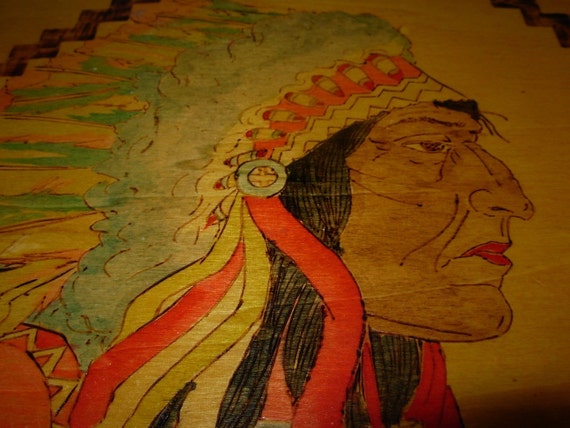 Vintage Indian Chief Woodburning Art Wood Plaque by Harry