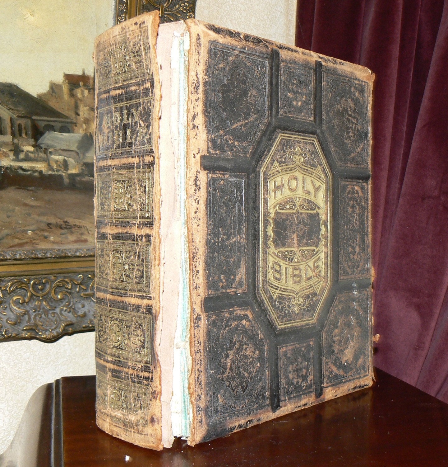 Antique 1870 Bible New Devotional Pictorial Family Holy Bible