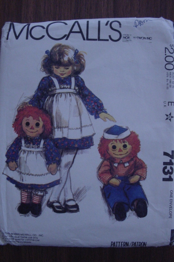 McCall's 36 inch Raggedy Ann Andy doll pattern uncut 1980