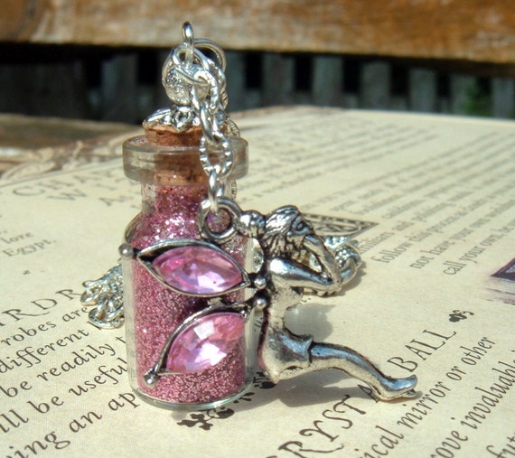 Items similar to Pink Pixie Dust Charm Glass Vial Pendant Necklace With ...