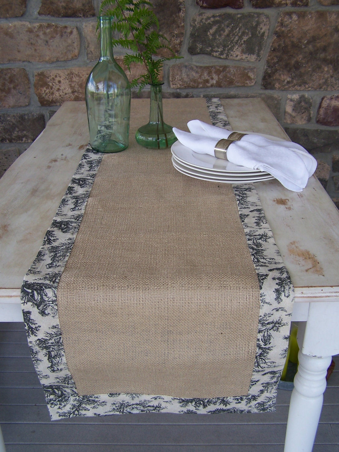 Burlap and Toile Table Runner Black