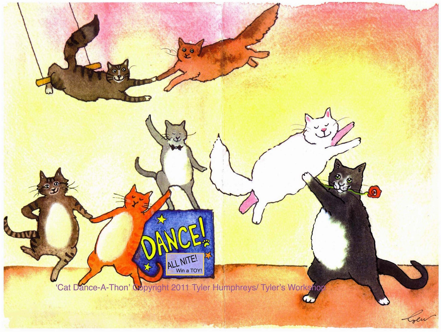 Dancing Cats Greeting Card Funny Cats Card Cat Watercolor