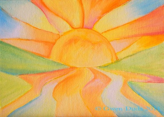 Small Sun Abstract Oil Painting 5 x 7 Orange Yellow Blue