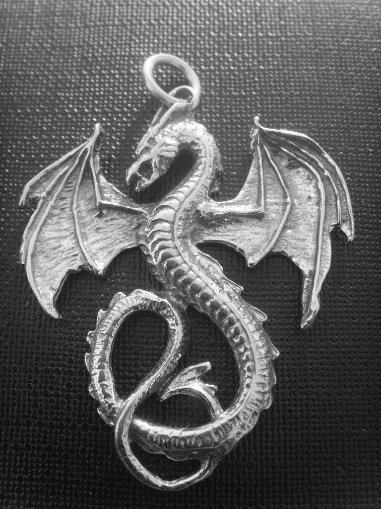 Large Sterling Silver Detailed Dragon Pendant Necklace