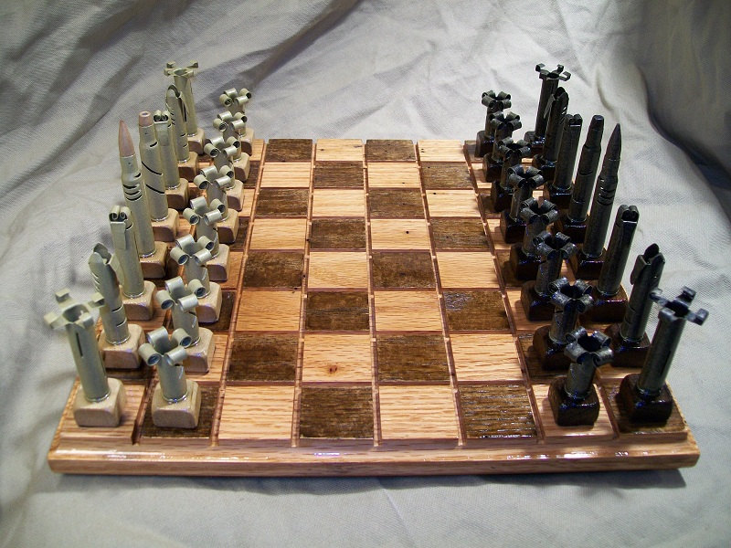 Bullet Chess set Caliber 30-06 with wormhole Red Oak board