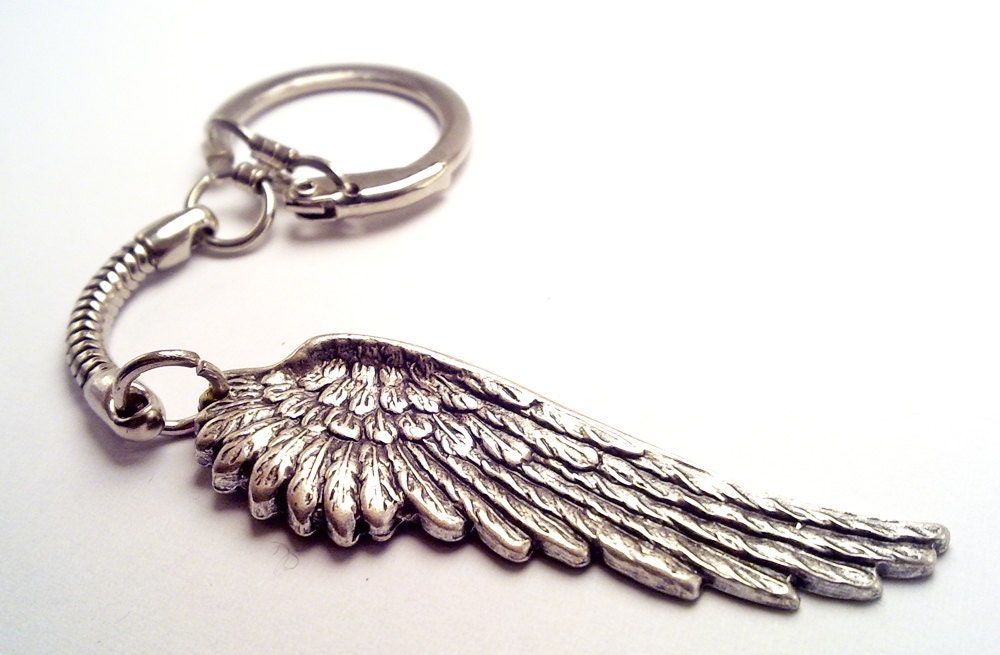 Angel Wing Keychain Silver Antiqued Steampunk Jewelry by