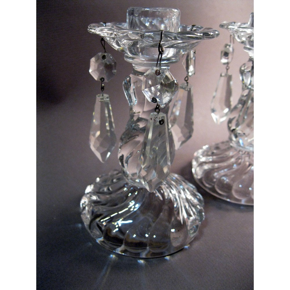2 glass taper holders with chandelier prisms crystals