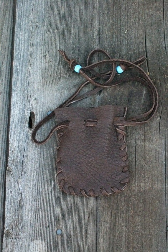 Leather drawstring bag Handmade leather pouch by thunderrose