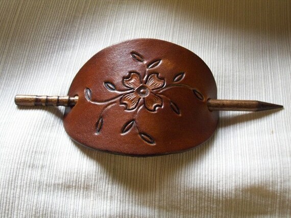 Leather Stick Barrette with antique tan tooled Dogwood