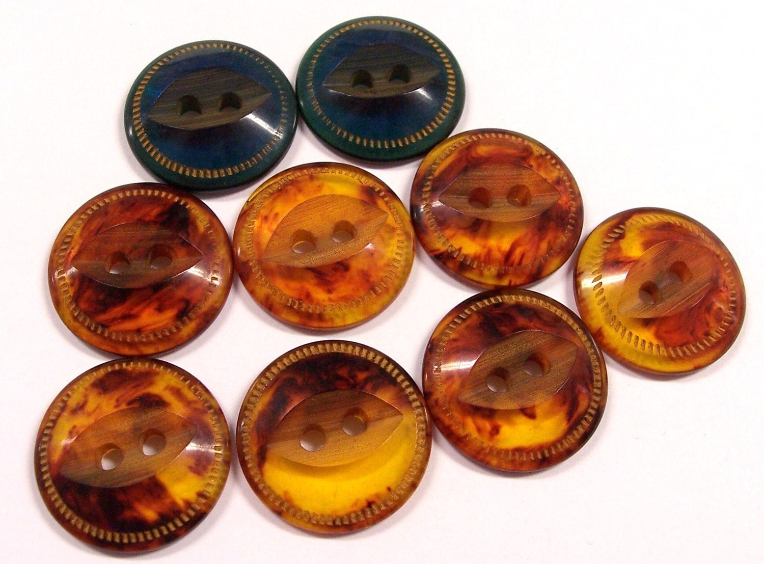 VINTAGE Tortoise Shell BUTTONS Amber and Green Blue Carved