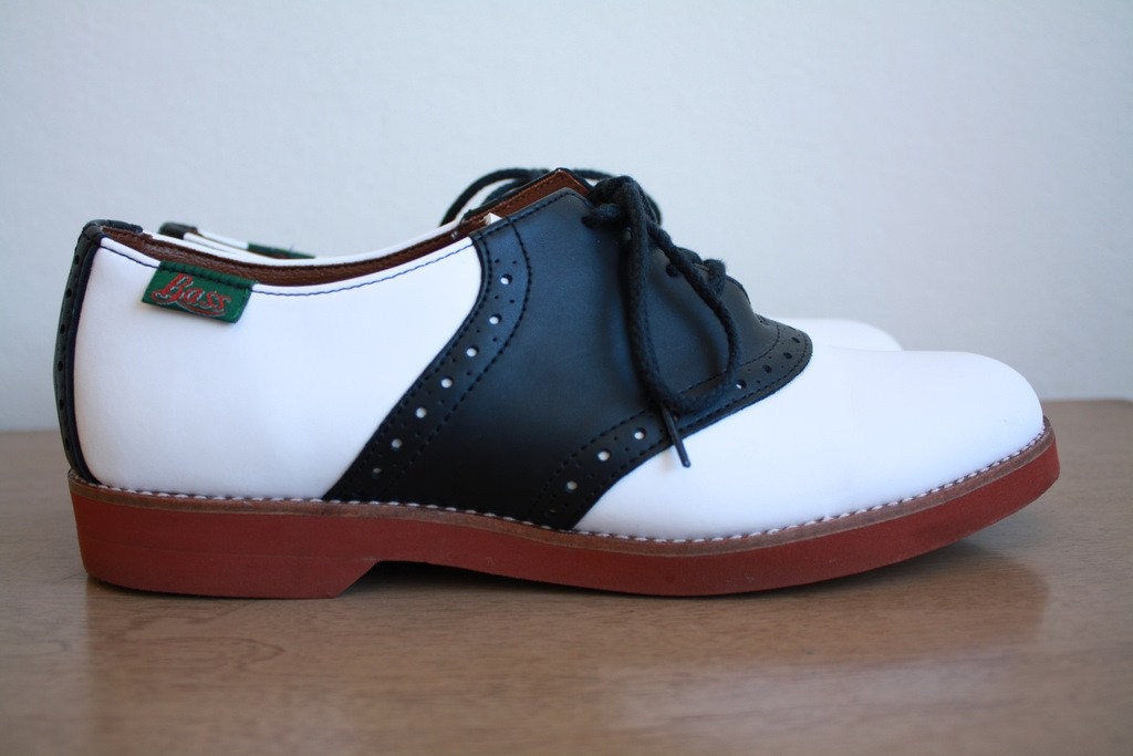 Vintage Bass Saddle Shoes In Black And White By Hazeljeanvintage