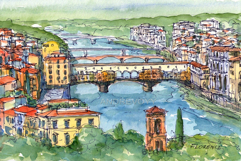 Florence Panorama Italy art print from an original watercolor