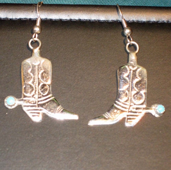 SILVER COWBOY BOOT EARRINGS WITH TURQUOISE SPURS