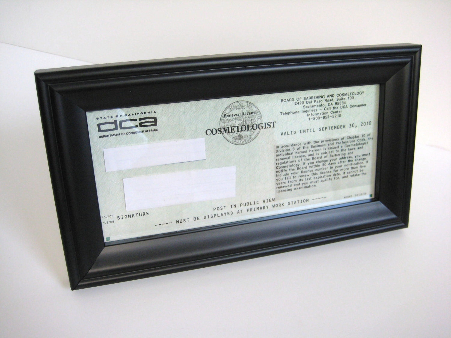 Black Satin Business / Cosmetology License Frame
