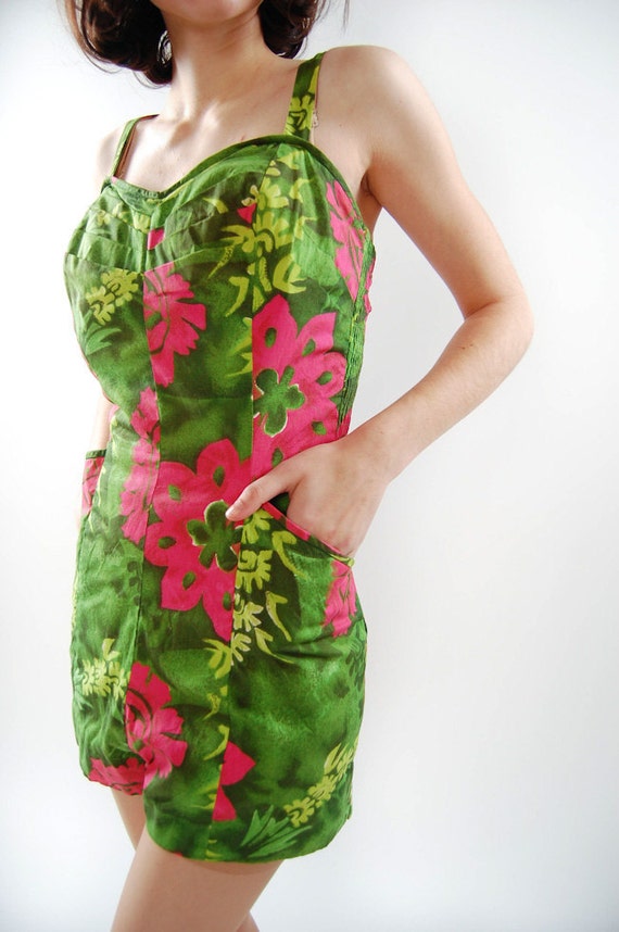 Vintage 1950s Swimsuit 50s Bathing Suit Tropical Pink