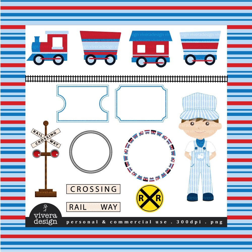 All Aboard the Party Train Clip Art in Blue and Red and