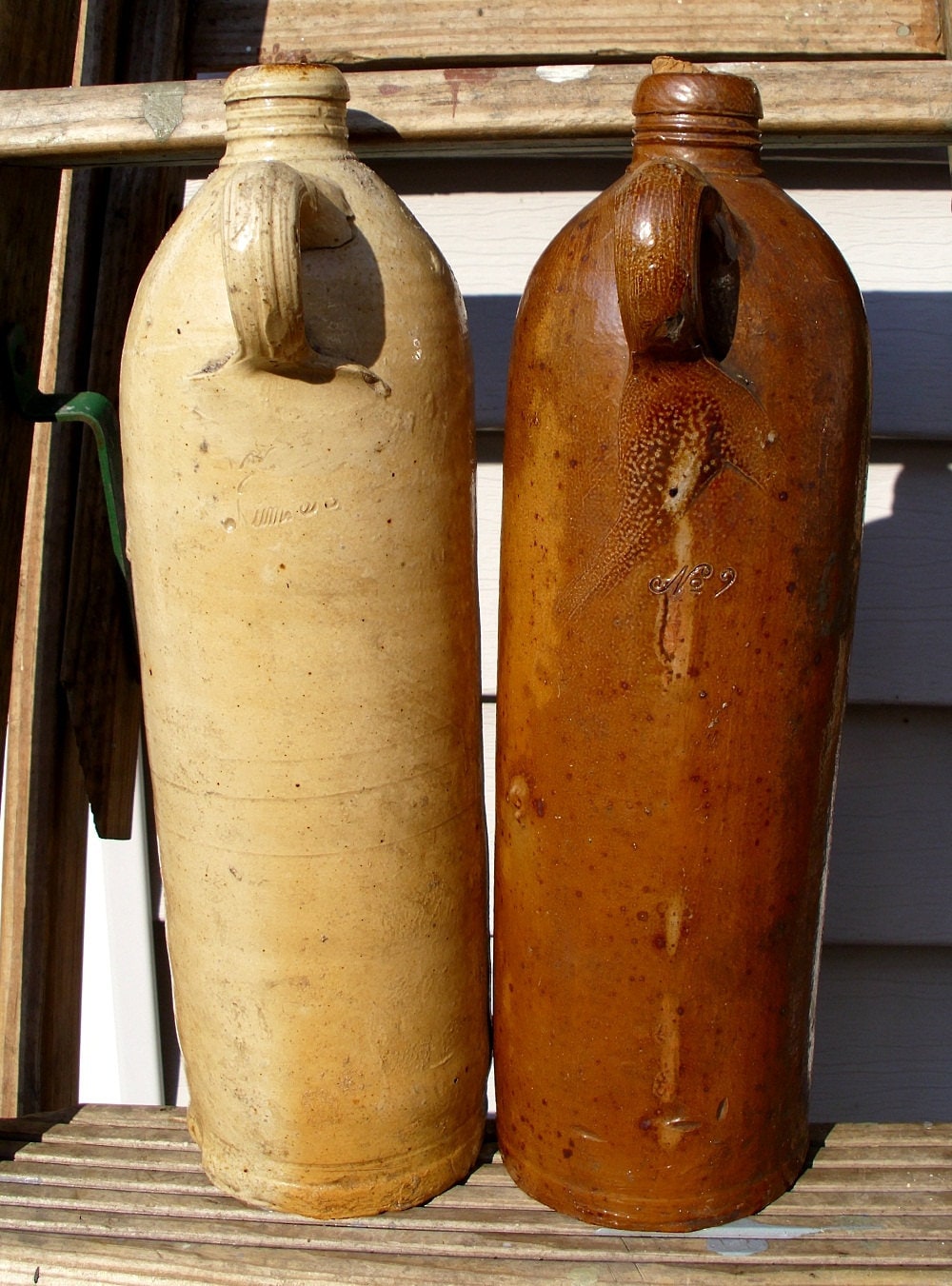 2 Salt Glazed Stoneware Mineral Bottles.. Gin Bottles..