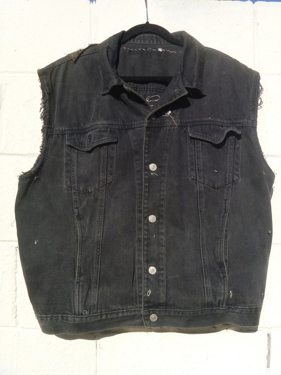 Vintage Cut-Off Black Denim Jacket with Vintage Horror Punk