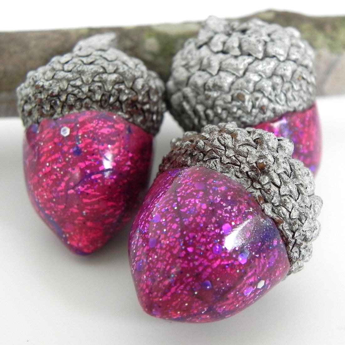 Acorn Decorations 3 Sparkley Pink Acorns Handmade Polymer
