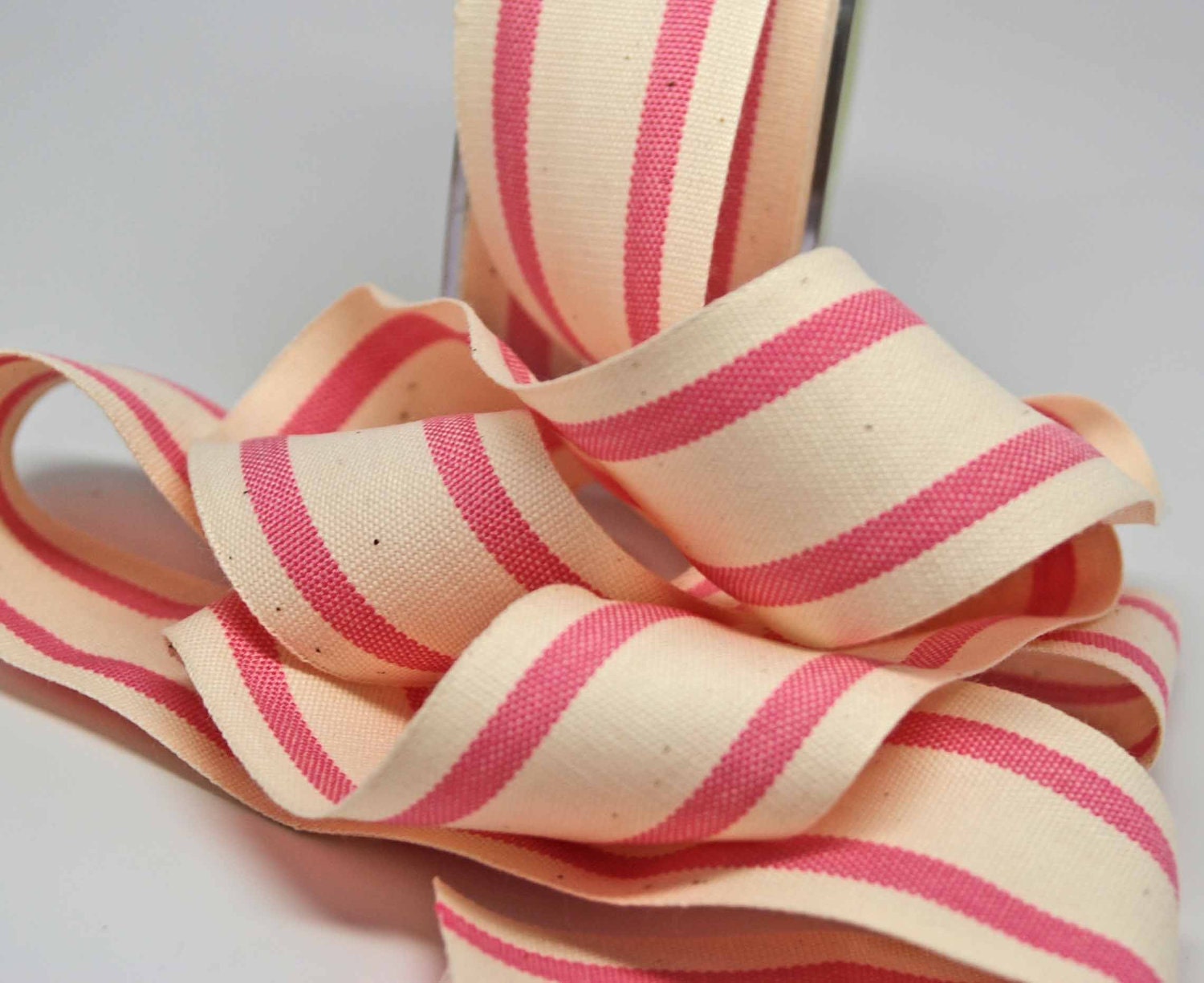 Cotton Stripe Ribbon 1.5 inch Natural Bubblegum Pink Off