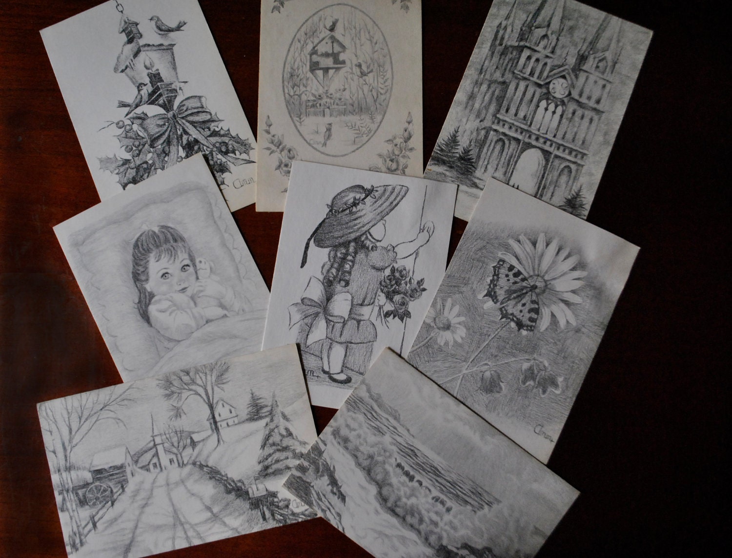 ANN ADAMS Pencil Drawings Blank Cards 1960s artist drawn