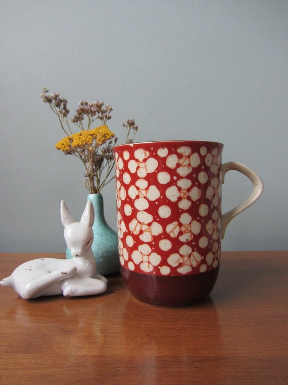 Vintage Red Blossom Mug Ceramic Made in Japan Batik Pattern