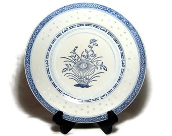 Vintage Chinese Rice Grain Plate Blue and White China