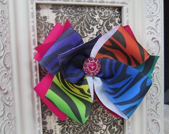 Double Layered Rainbow Zebra Print Bow
