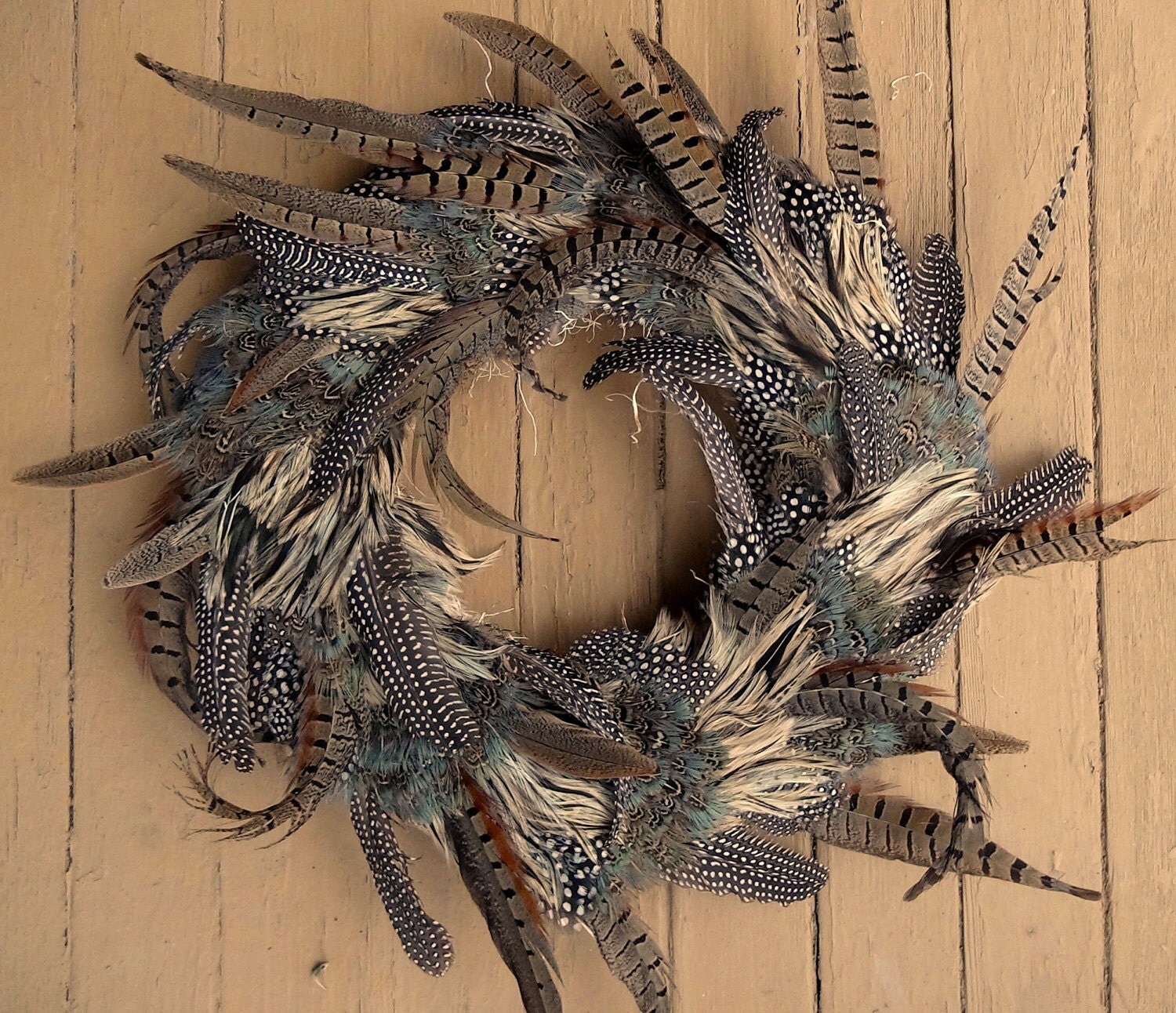Feather Wreath: Rooster Pheasant and Guineafowl
