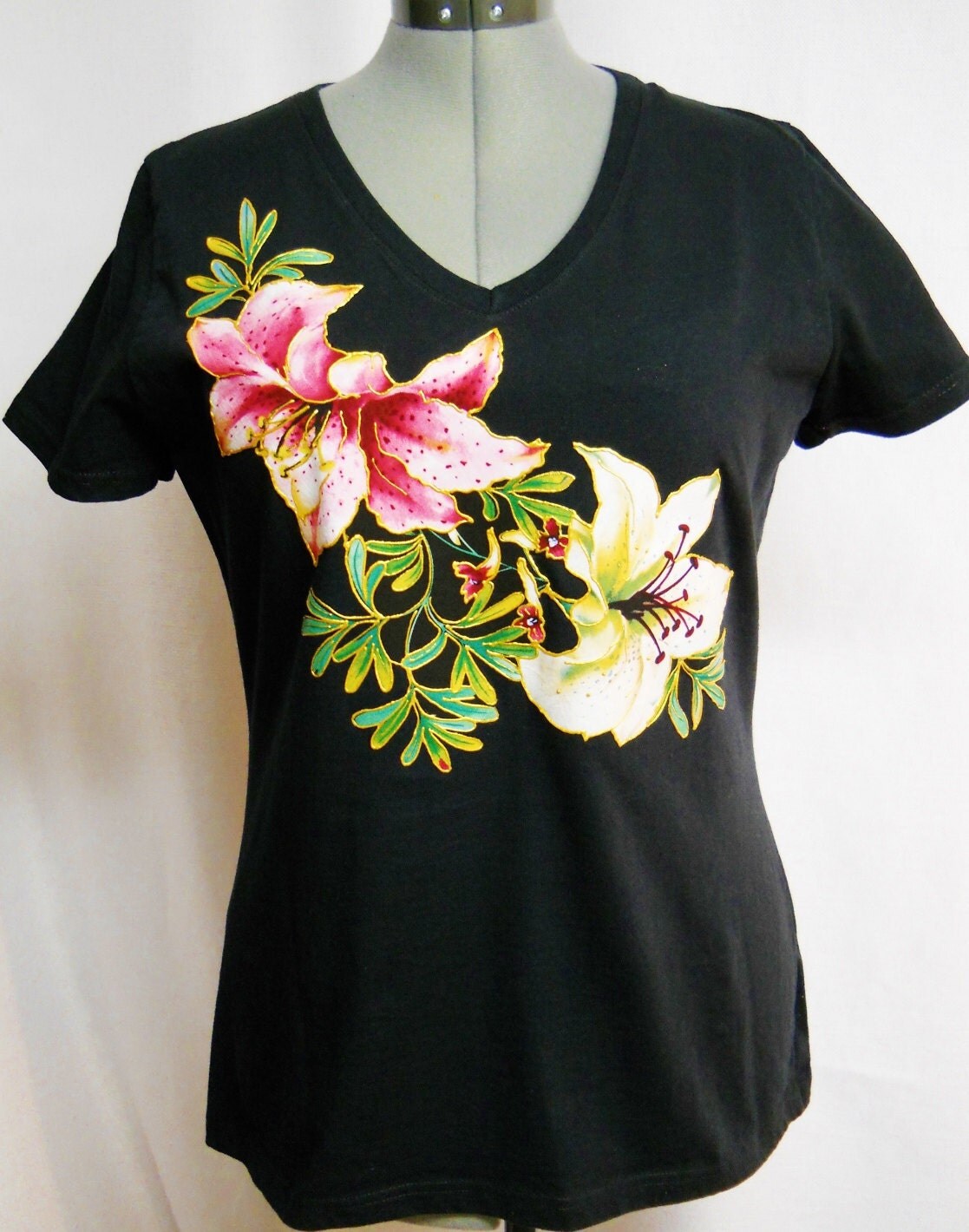 Women s Spring Black Tee Shirt Custom Floral Hand Painted
