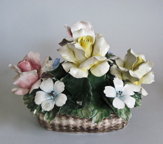 Antique Italian Capodimonte Style Porcelain Roses Basket of