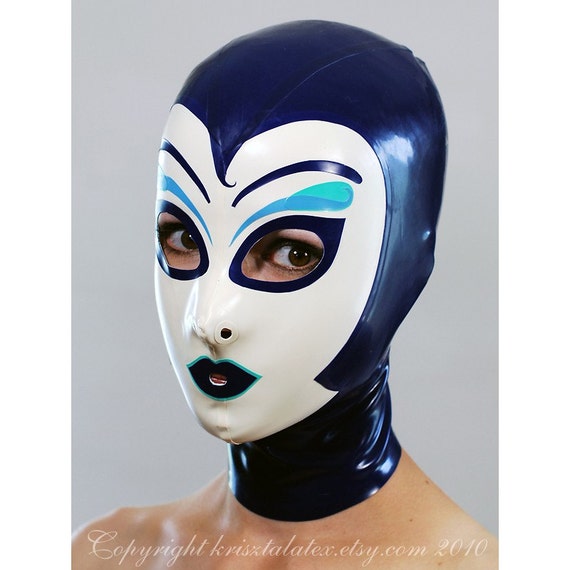 Items similar to Latex Hood w Make Up in Blue - completely custom, made ...