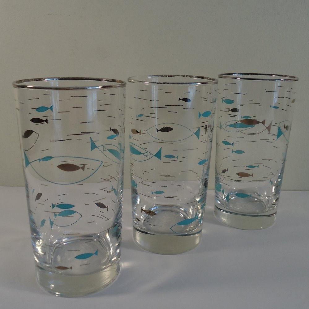 3 Libbey Mediterranean Atomic Fish Glass Tumblers 1950s