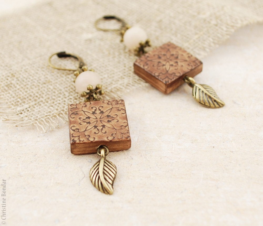 Late autumn square rustic earrings with antique brass leaves