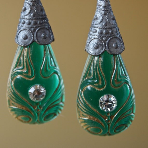 Czech Art Nouveau Green Molded Glass Drops With Rhinestone