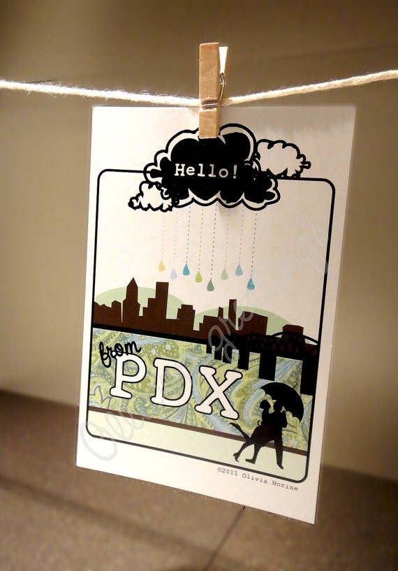 Items similar to Hello from PDX Postcard Cool Colors on Etsy