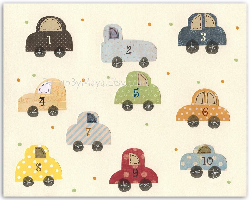 Nursery Art Decor Kids Print... Cars numbers..count to 10