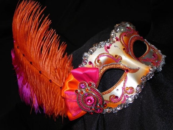Venetian Masquerade Mask in Orange Hot Pink and Silver
