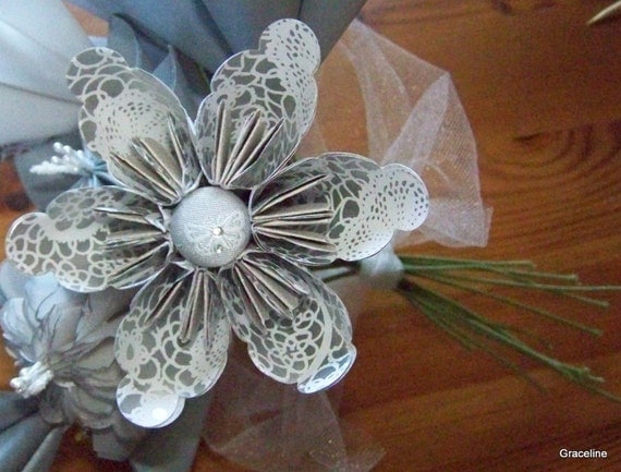 Silver Origami Paper Flowers Set of Ten