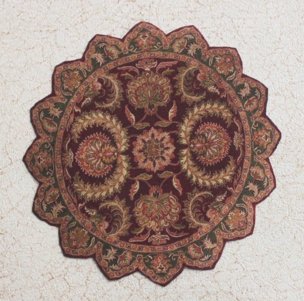 Miniature Dollhouse Rug Round With Petal Border Burgundy and