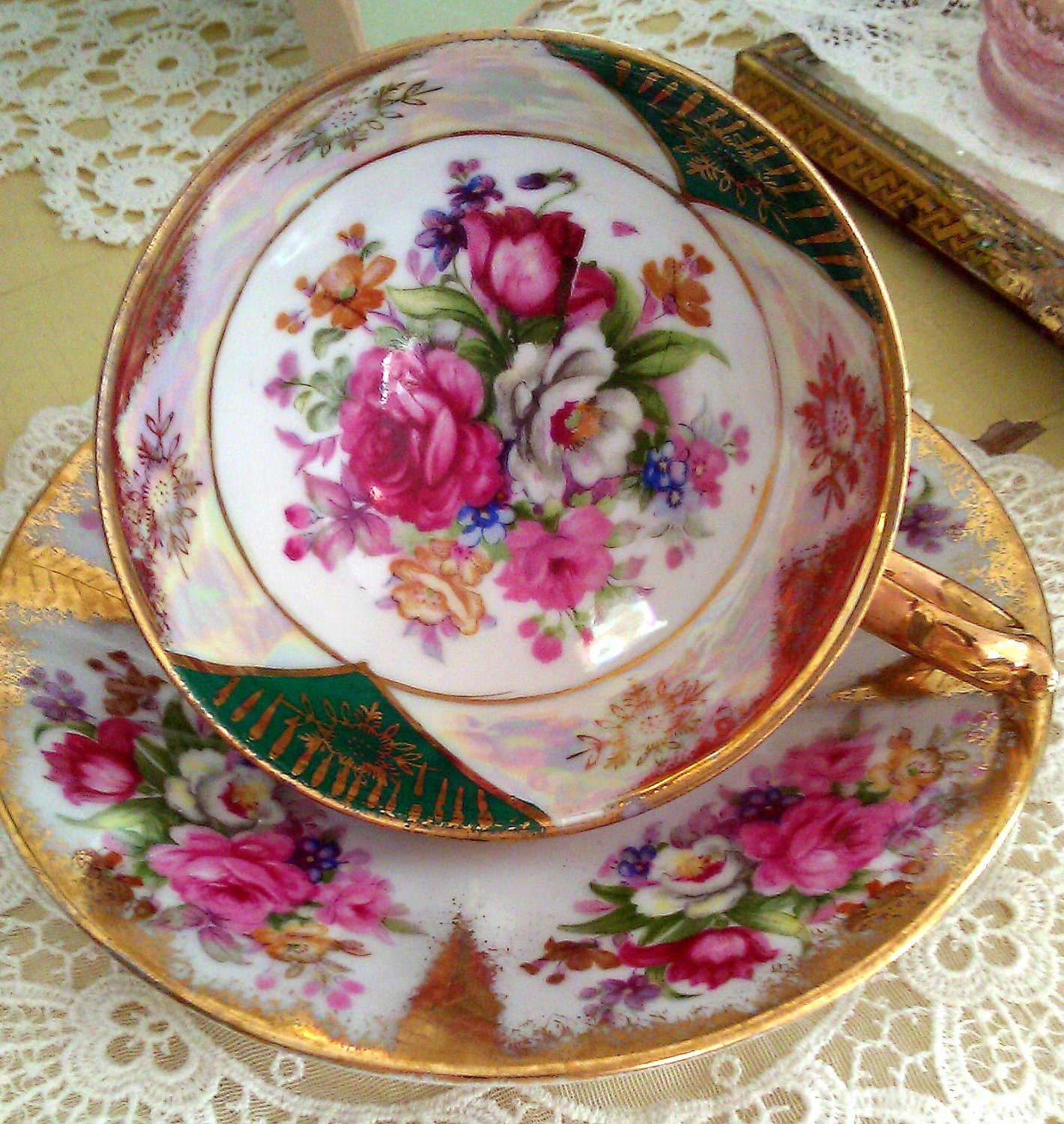 Iridescent Golden Garden Bouquet Lusterware Porcelain Teacup by Metasco ...