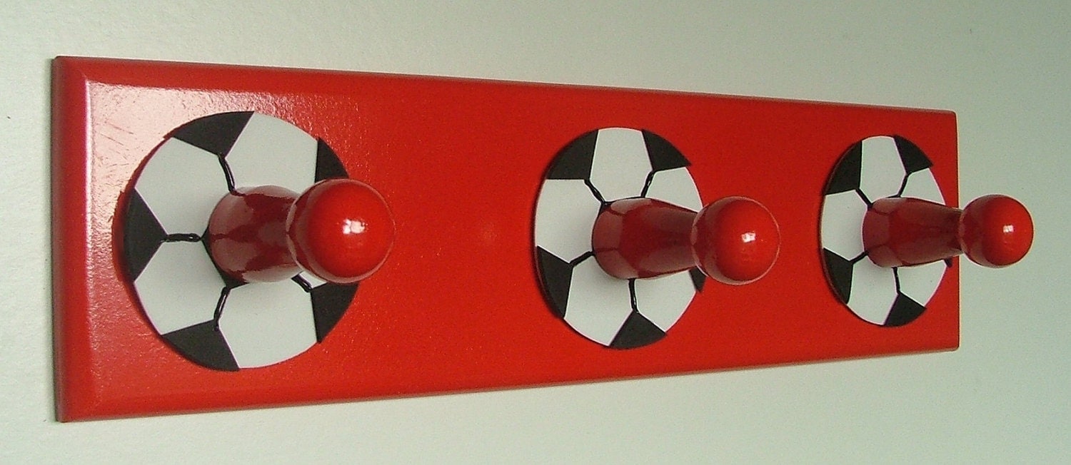 Red football wooden coat rack with 3 hooks