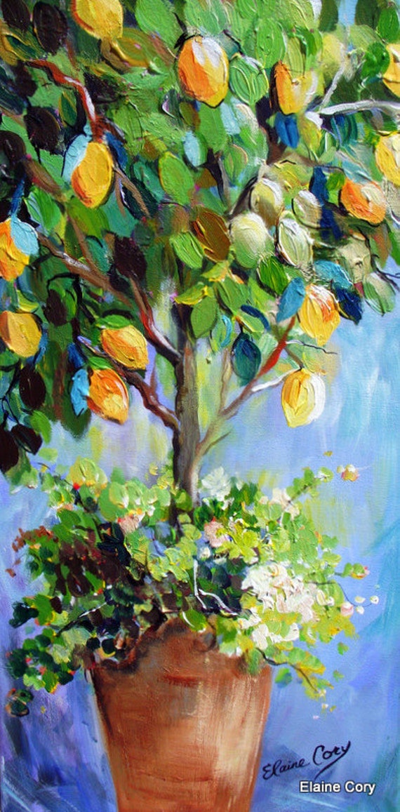 Lemon Tree Original Painting Palette knife 12 x 24 Fine Art
