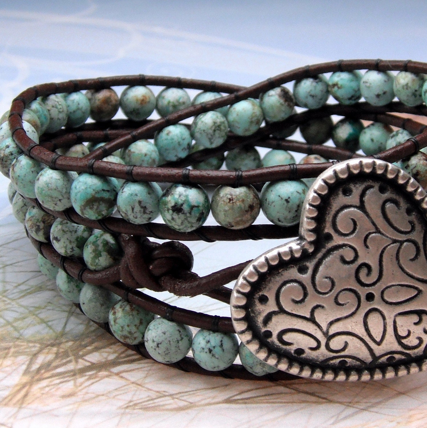 Turquoise Leather Wrap Bracelet Three Wrap Leather Bracelet
