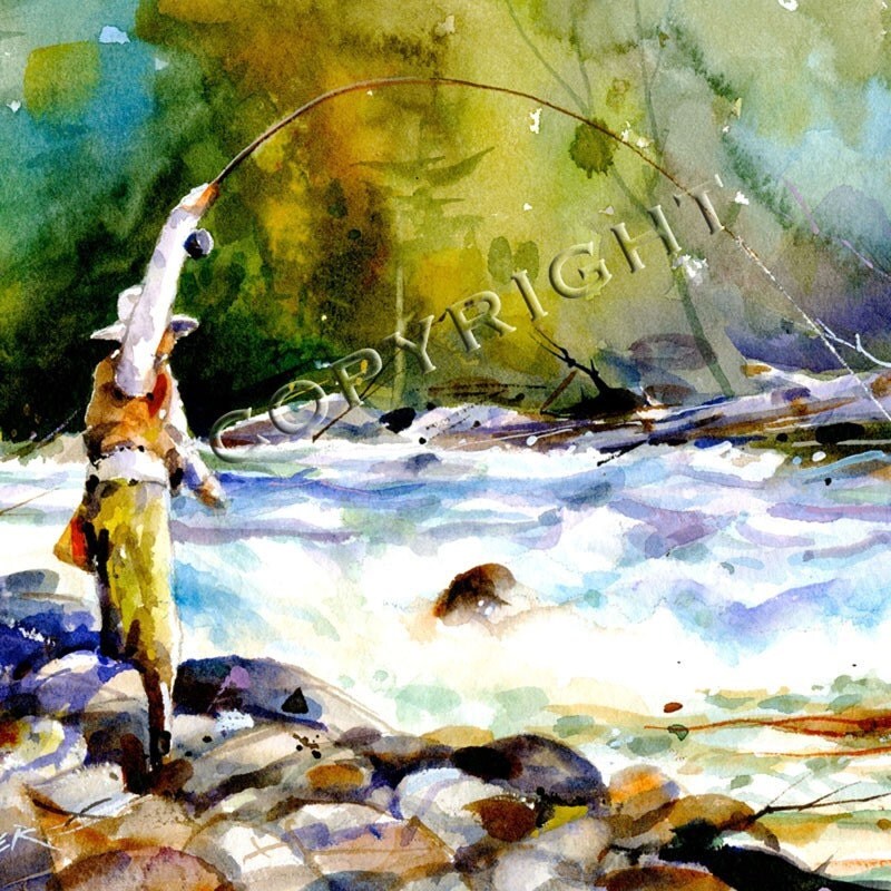 TROUT FISHING Colorful Watercolor Print By Dean Crouser
